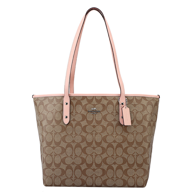 COACH蔻驰奥莱款女士老花手提单肩包托特包F58292 卡其配粉色